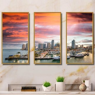 Designart "Miami Sunset Downtown Panoramic View" Cityscape Framed Art Prints Set of 3 - 4 Colors ...